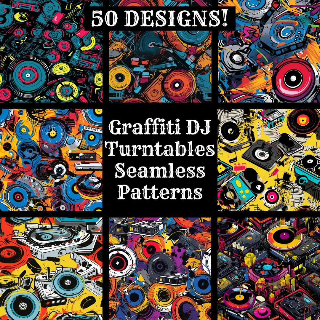 Graffiti DJ Turntables Seamless Pattern: 50 PNG Digital Papers (digital ...