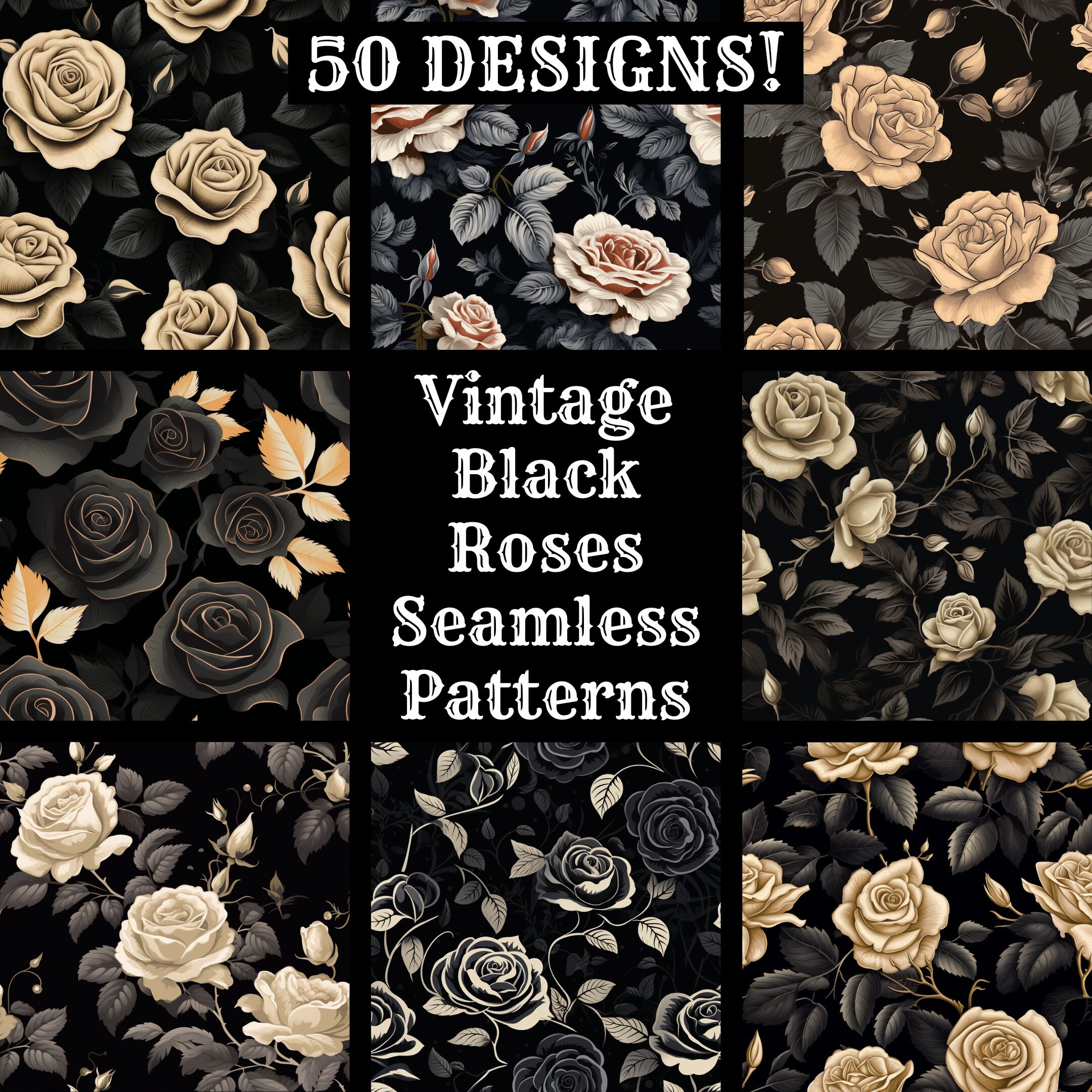 Vintage Black Roses Seamless Digital Paper, Printable Scrapbook Paper ...