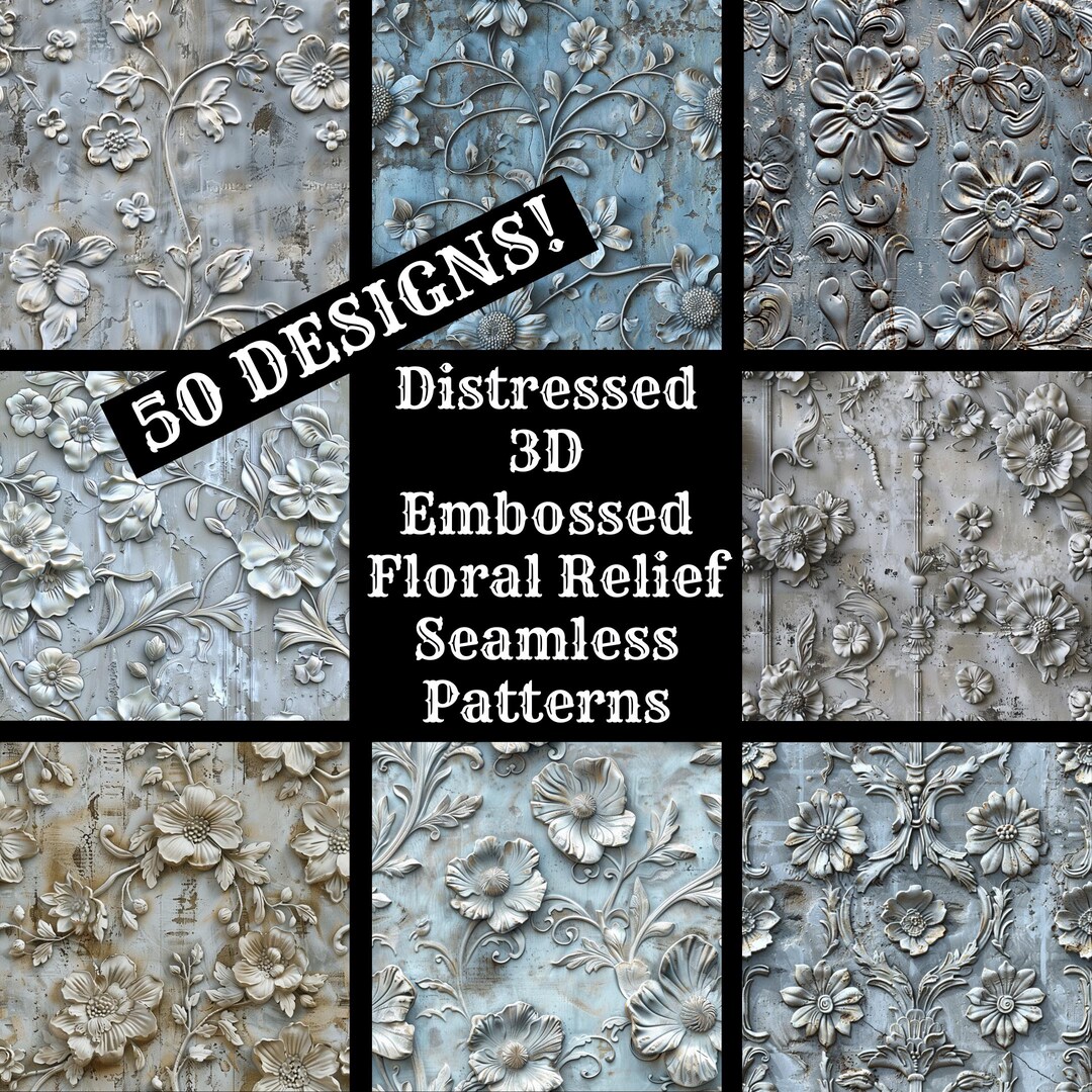 Distressed Floral Relief Digital Paper: 3D Embossed Seamless Textures ...
