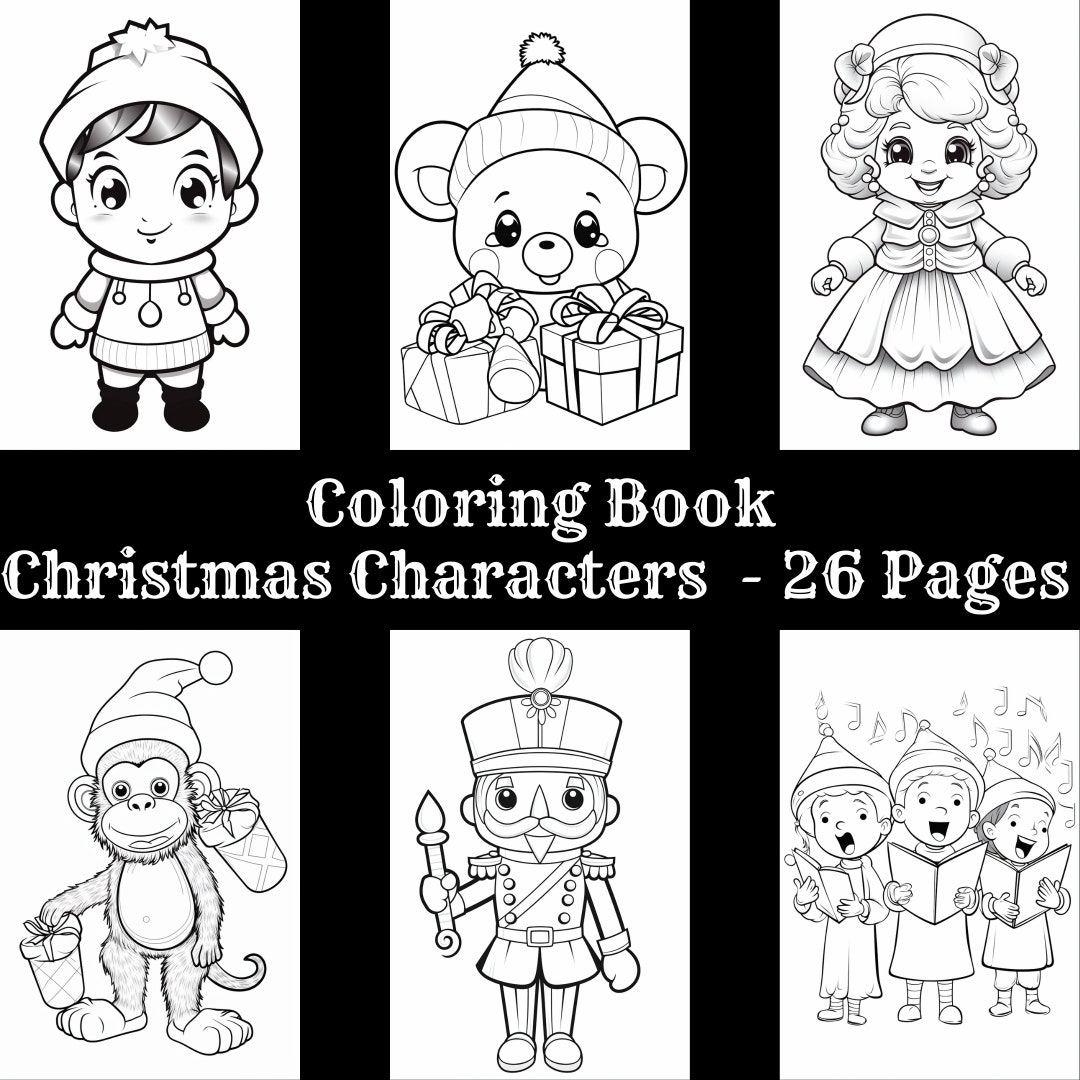 Christmas Characters Coloring Pages: 26 Grayscale Illustrations (PDF ...