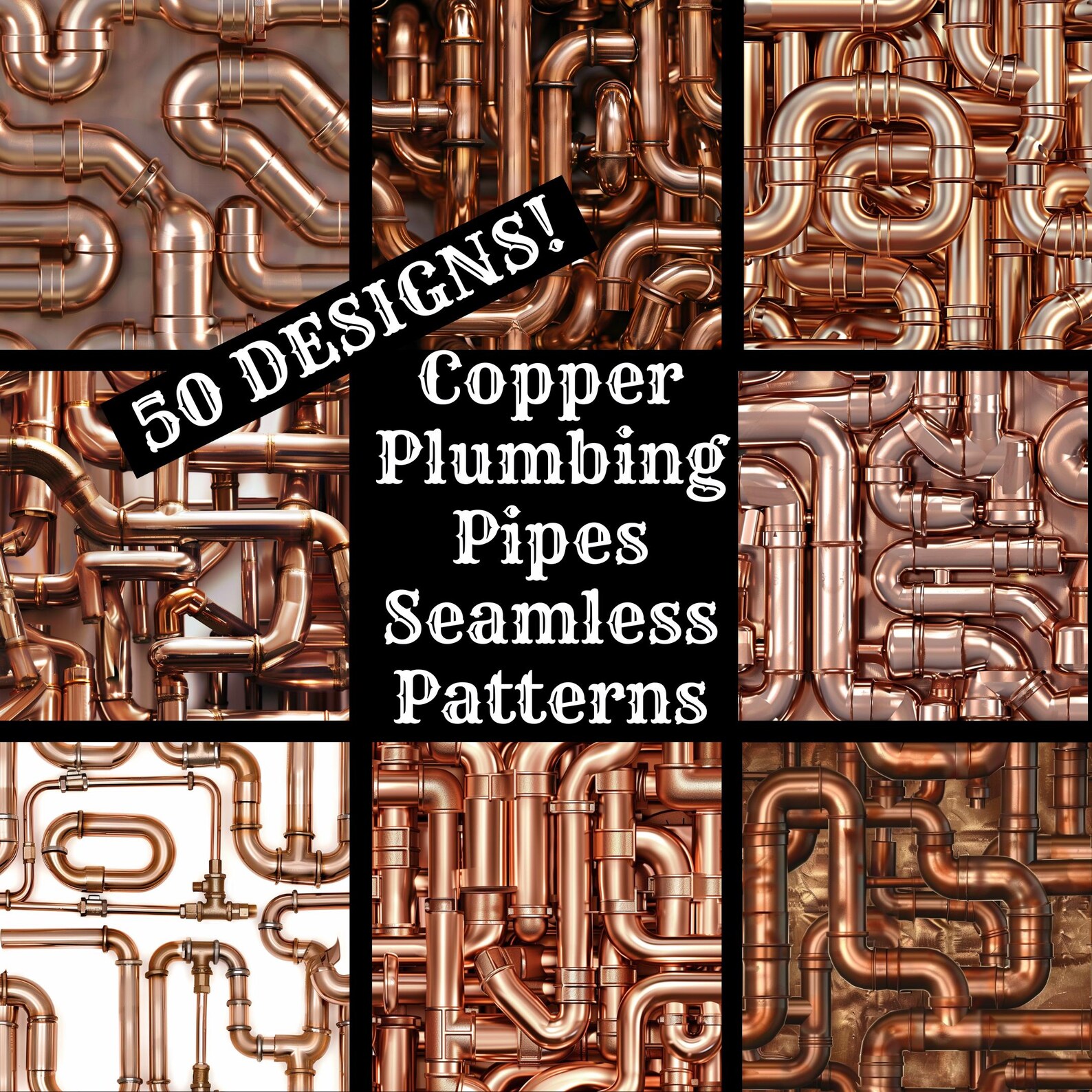 Copper Plumbing Pipes Seamless Pattern: 50 PNG Digital Papers (digital ...