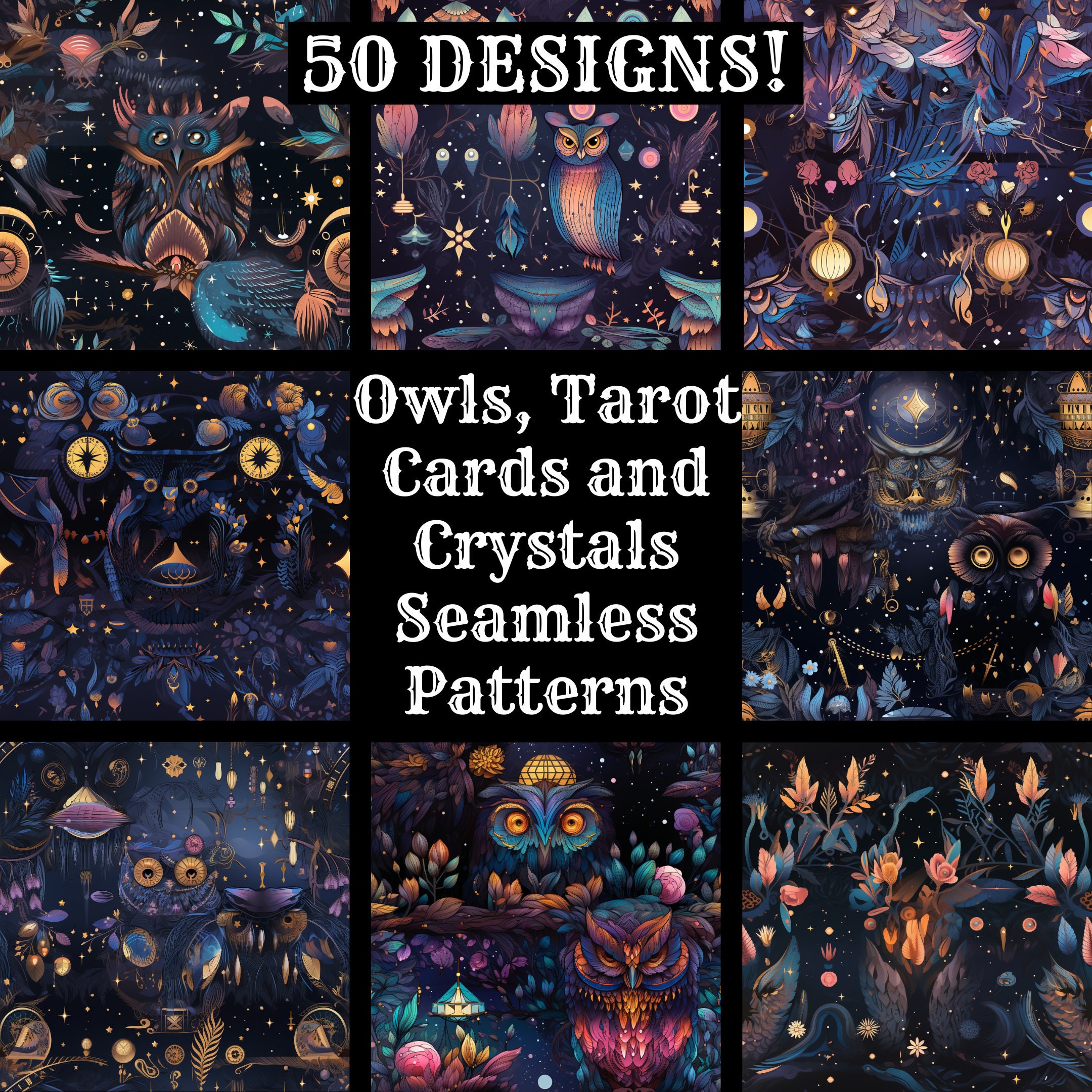 Owls, Tarot Cards and Crystals Seamless Digital Paper, Printable ...