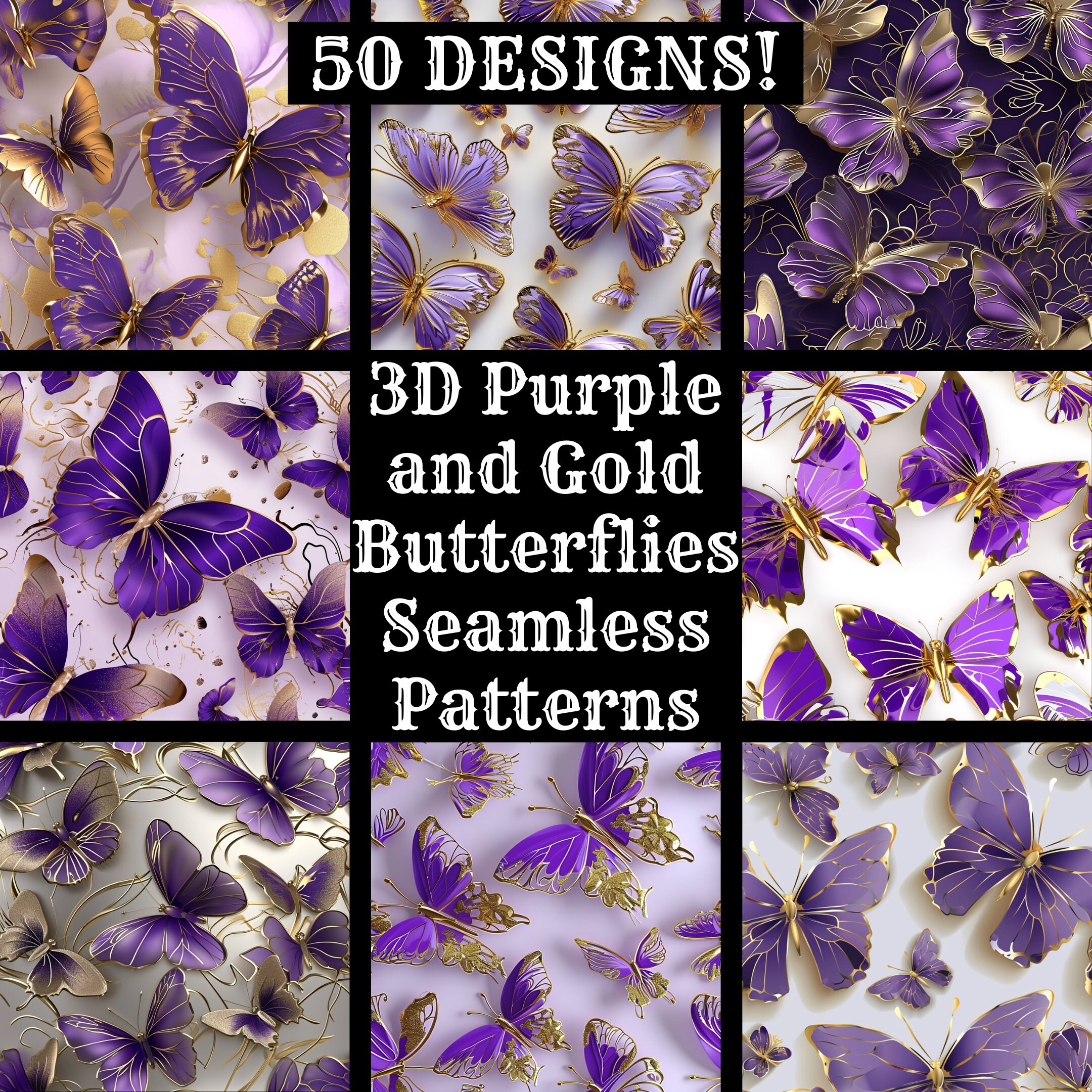 3D Purple and Gold Butterflies Seamless Digital Paper, Printable ...