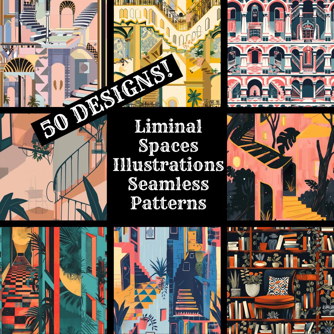 Liminal Spaces Illustrations Seamless Digital Paper, Printable Scrapbook Paper Seamless Textures ...