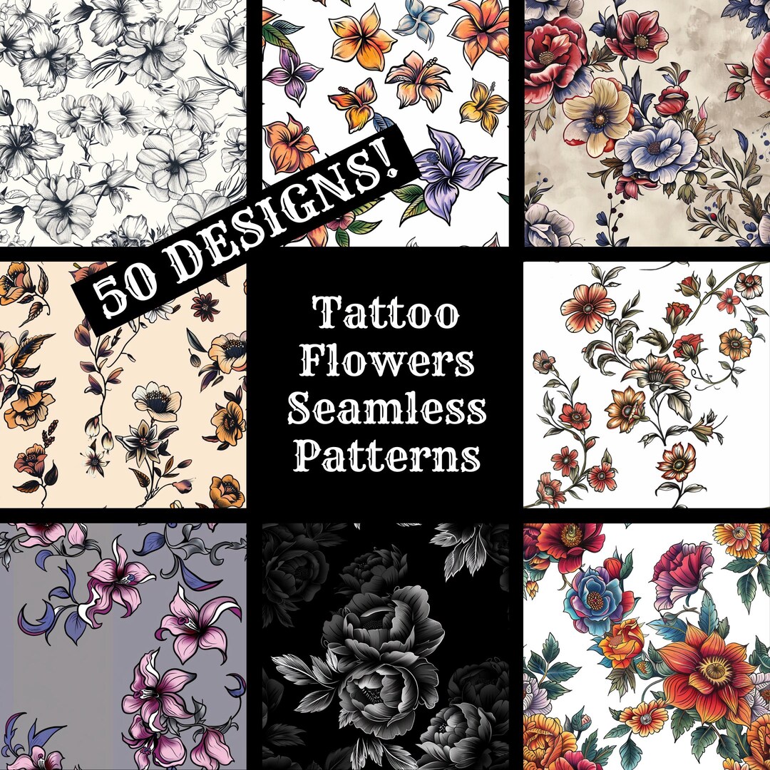 Tattoo Flowers Seamless Digital Paper, Printable Scrapbook Paper ...