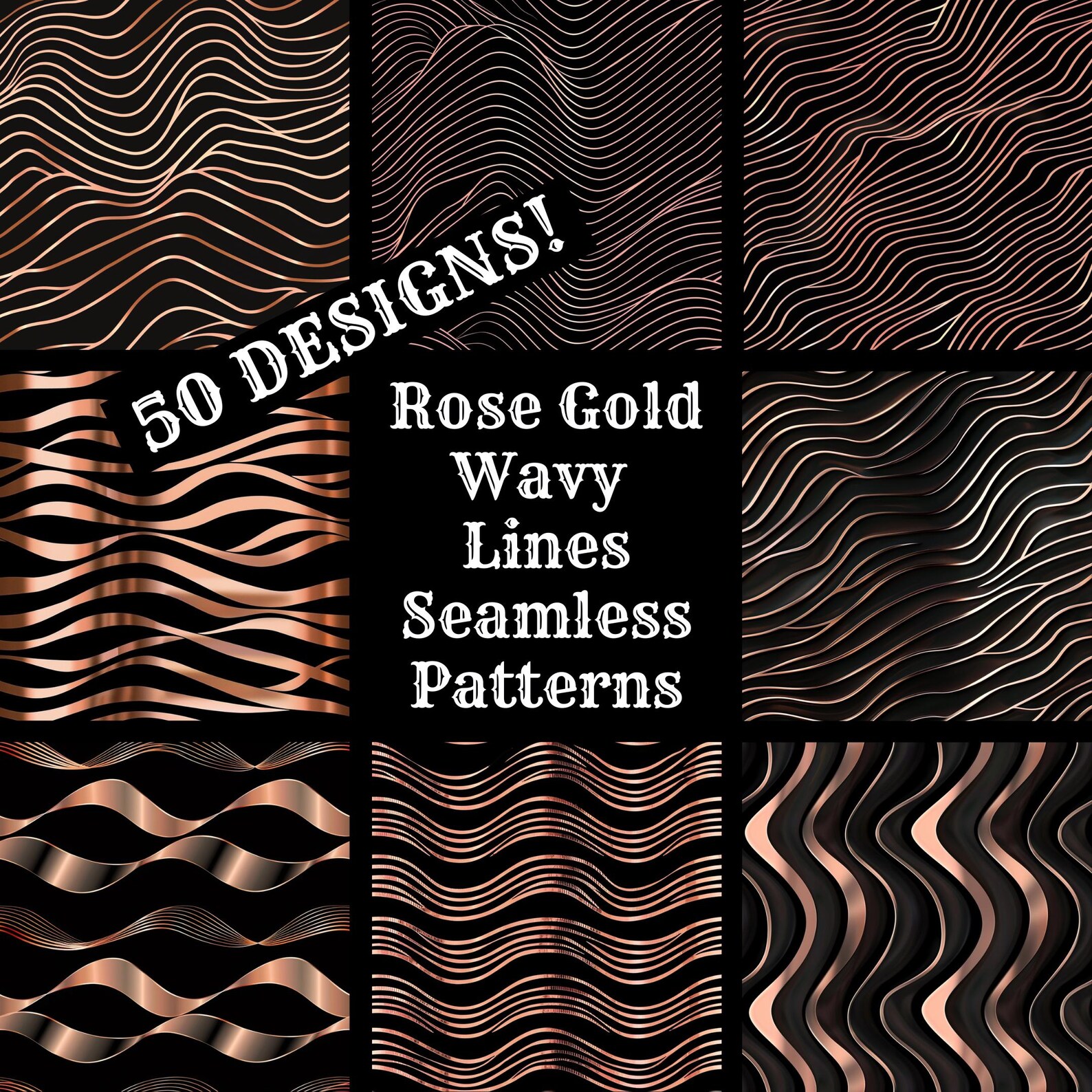 Rose Gold Wavy Lines Seamless Patterns: 50 PNG Digital Papers (digital ...