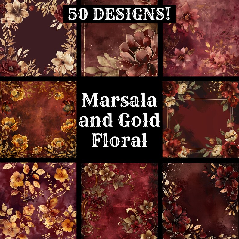 Marsala Gold Floral Digital Paper: High-resolution Scrapbook (digital ...