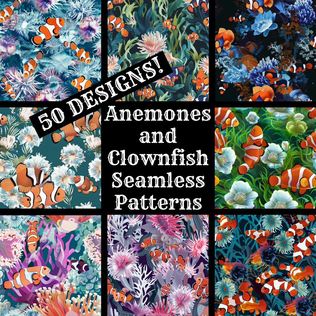 Anemones and Clownfish Seamless Digital Paper, Anemones and Clownfish ...