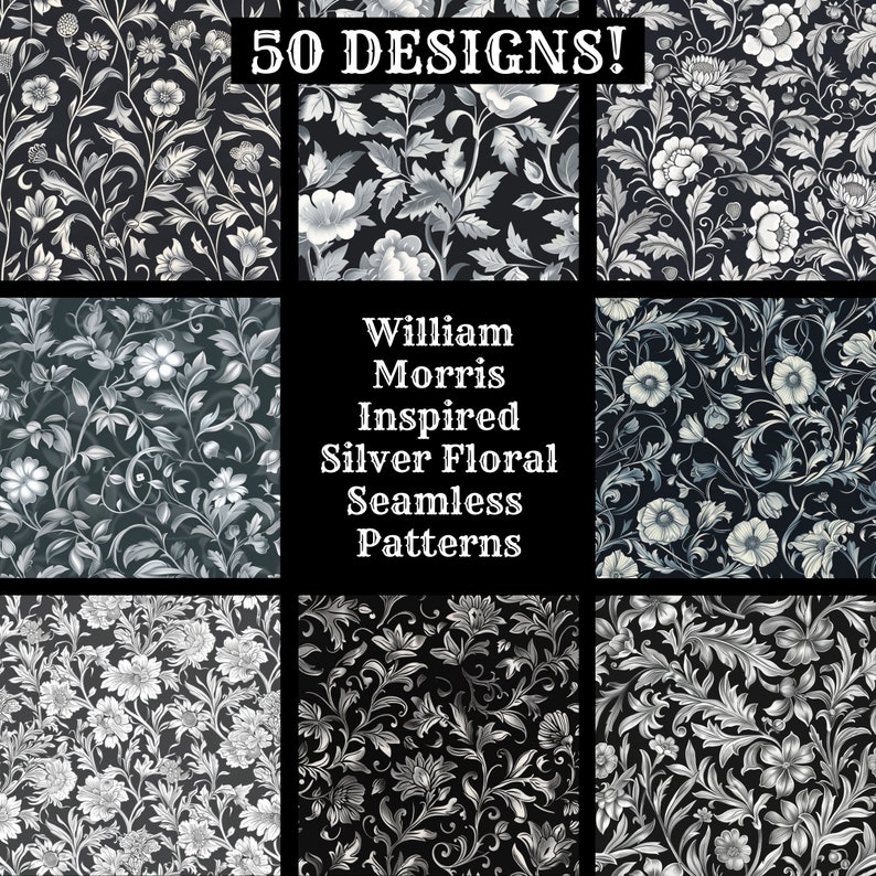 William Morris Inspired Floral Patterns: Silver Seamless Textures ...