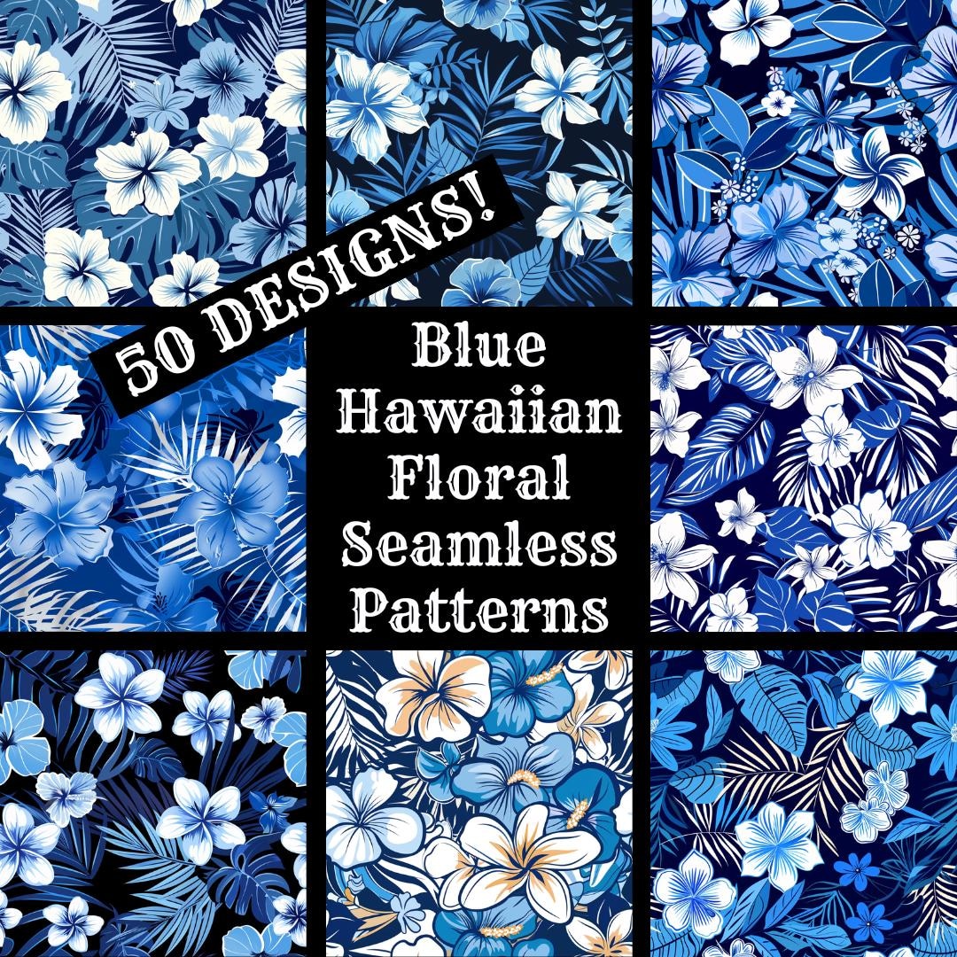 Blue Hawaiian Floral Seamless Pattern: 50 PNG Digital Papers (digital ...