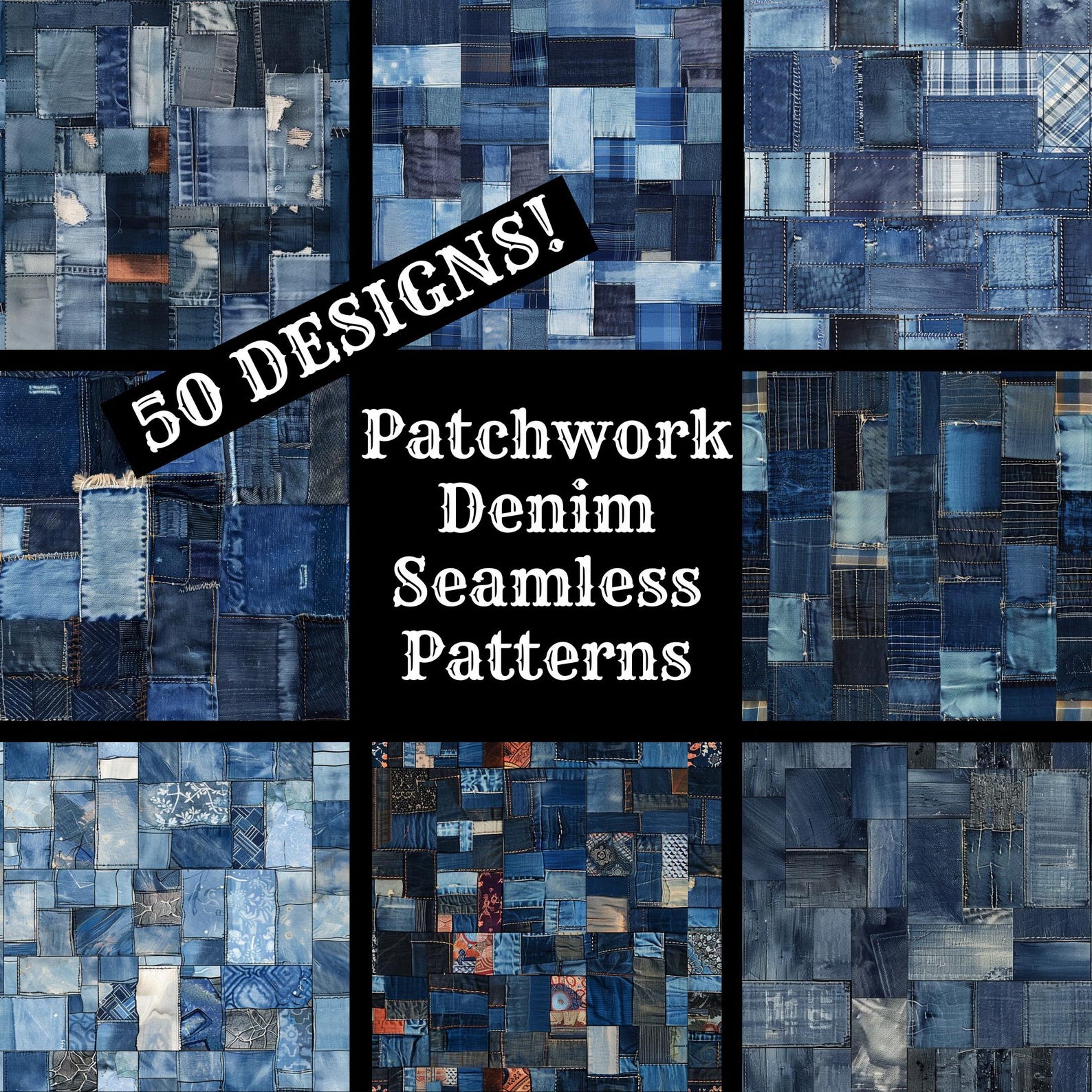 Patchwork Denim Seamless Patterns: 50 PNG Digital Papers (digital ...