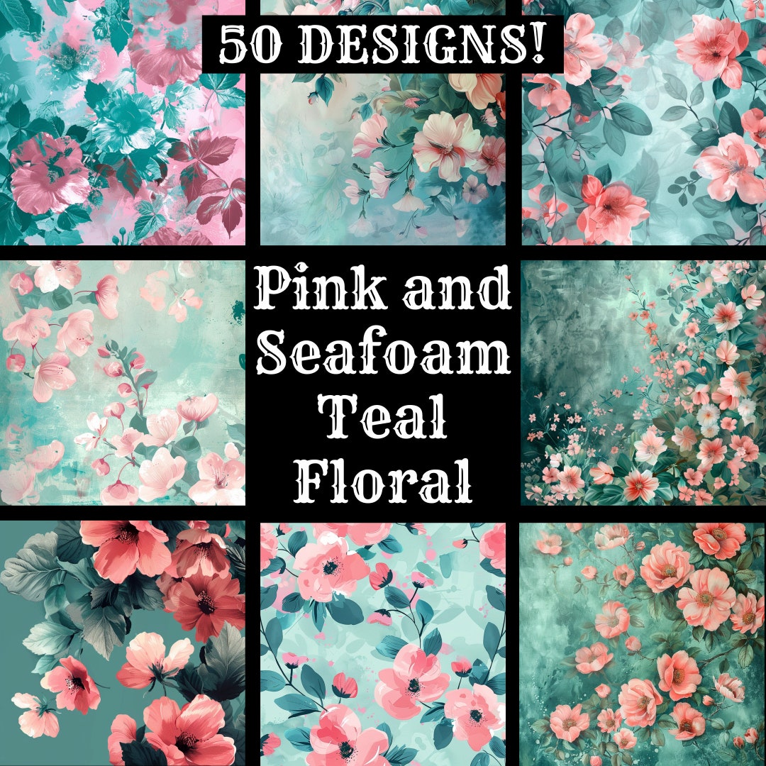 Pink and Teal Floral Digital Paper: High-resolution Scrapbook (digital ...