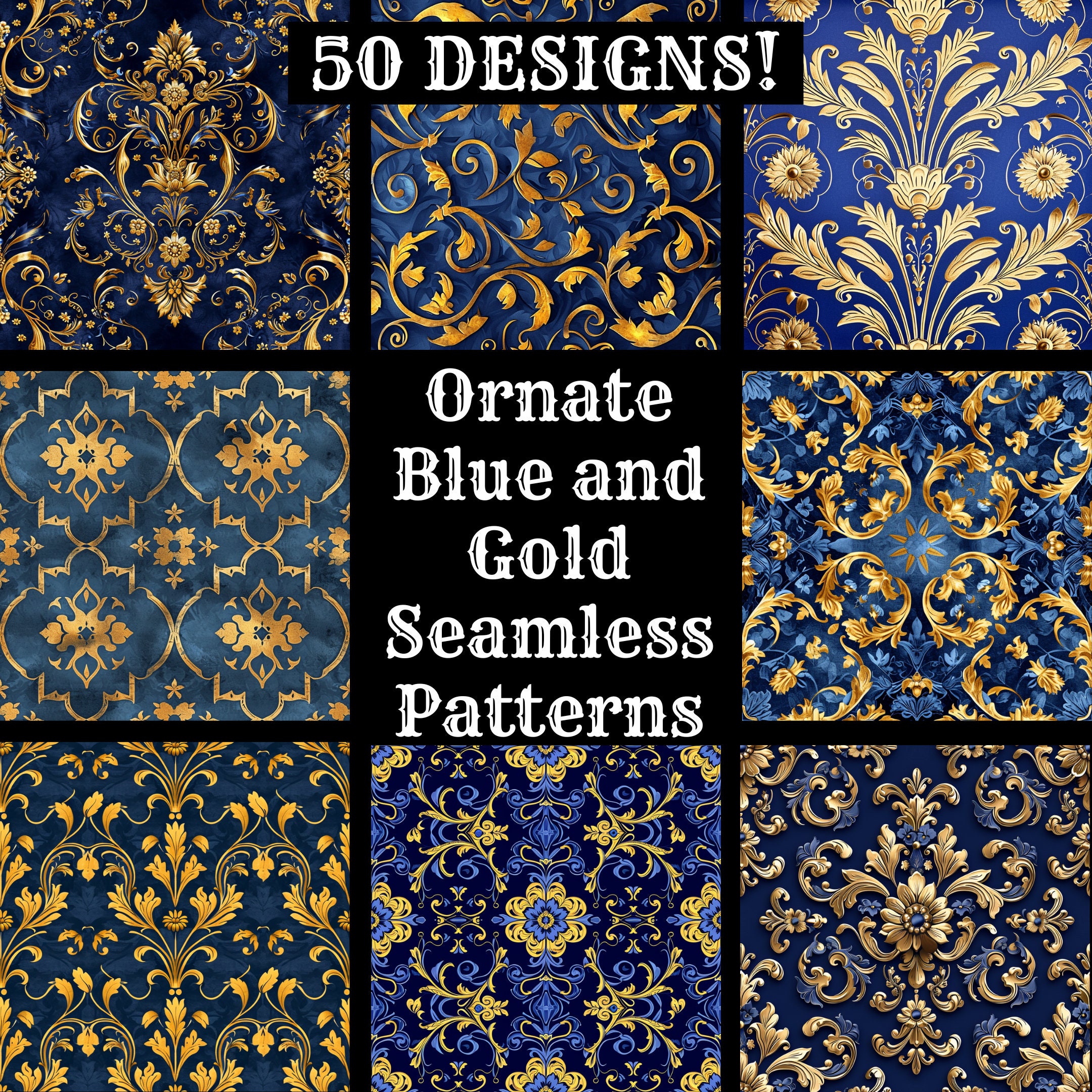 Ornate Blue and Gold Seamless Digital Paper, Printable Scrapbook Paper ...