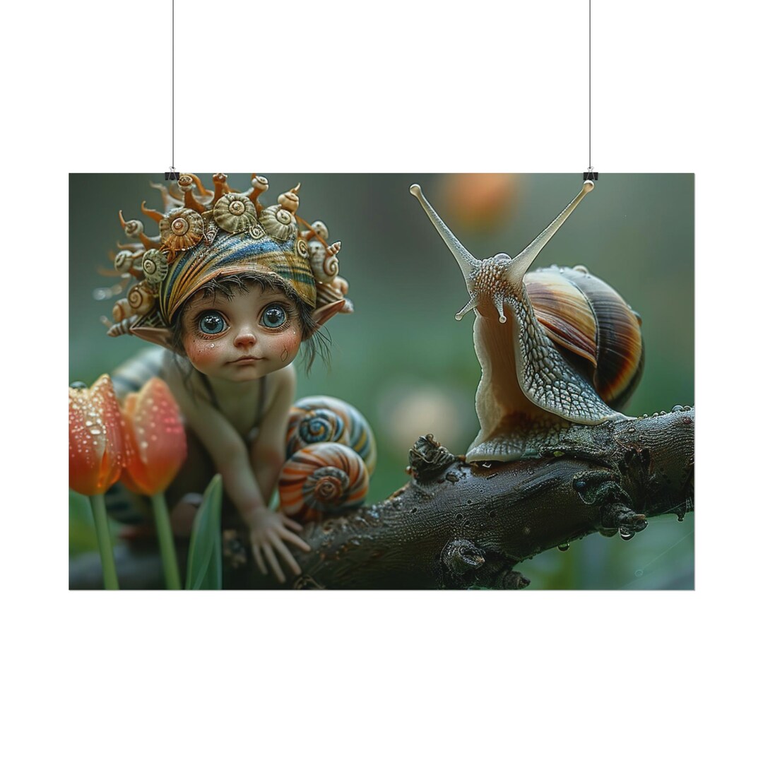 The Snail Crowned Sprite and Tulip Dew Poster, Fantasy Art, Enchanted ...