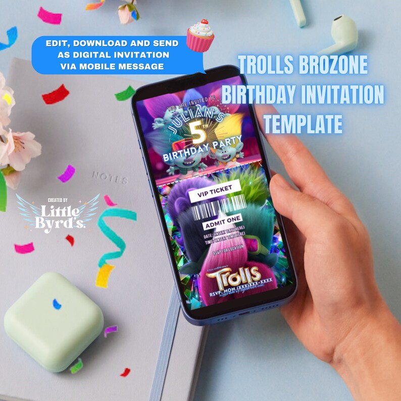Invitación de cumpleaños de Trolls BroZone EDITABLE Kids VIP Trolls ...