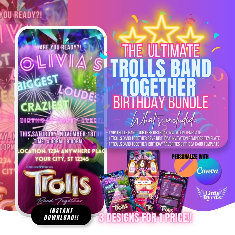 Trolls Band Together Birthday Invitation Templates Bundle Kids EDITABLE ...