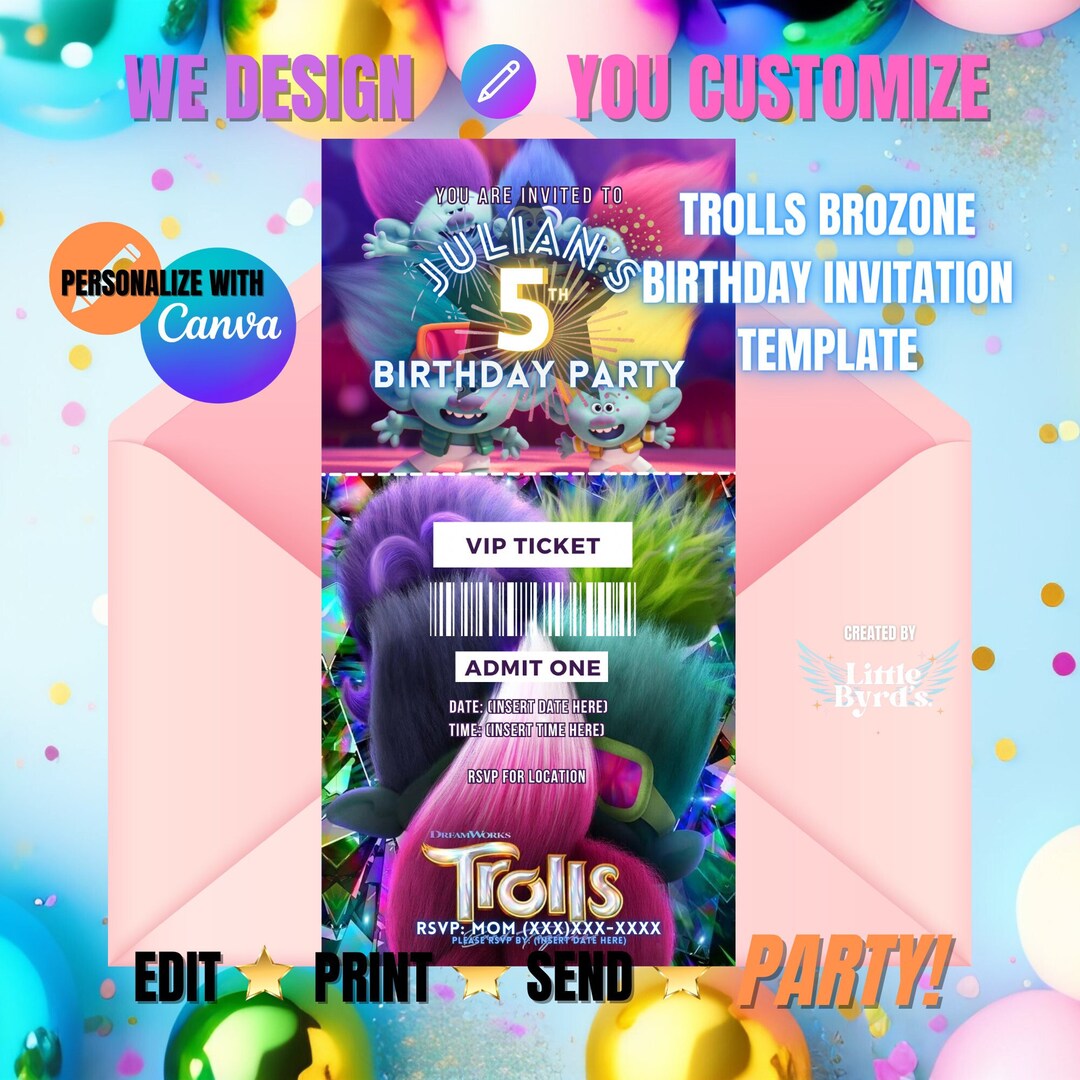 Trolls Brozone Birthday Invitation EDITABLE Kids VIP Trolls Band ...