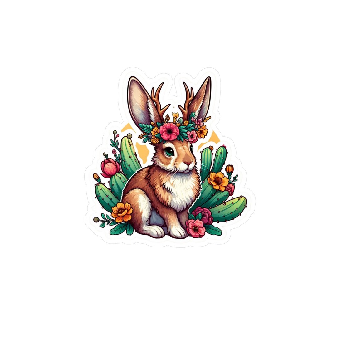 Jackalope Rabbit in Cactus Bunny With Antlers in Flowers and Cactus ...
