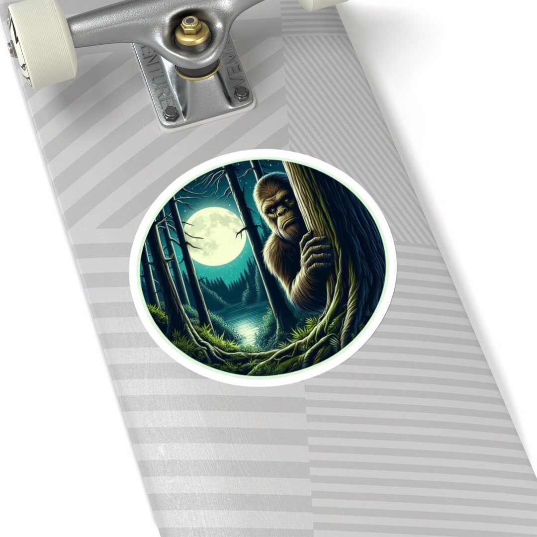 Sasquatch in a Moonlit Forest, Bigfoot Behind a Tree, Vinyl Sticker in ...