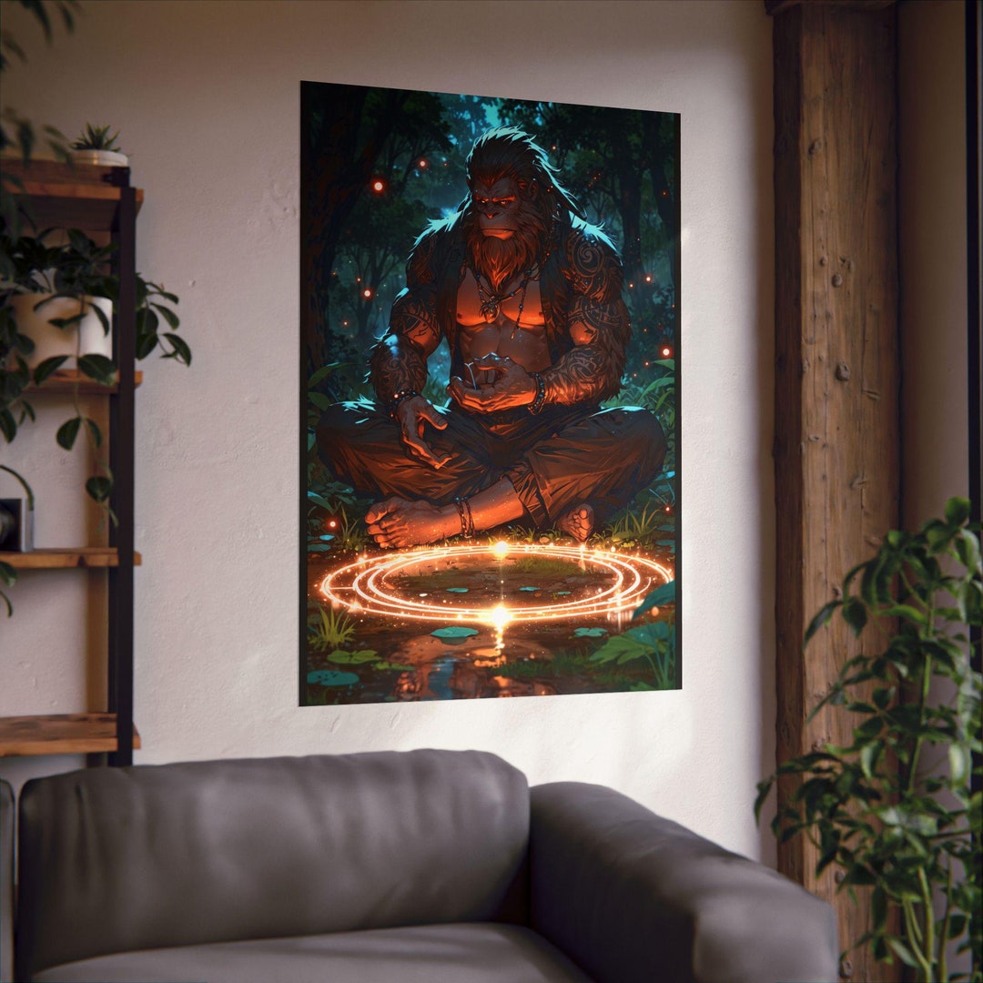 Meditating Bigfoot Poster: Tribal Tattoo Sasquatch, Moonlit Forest Art ...