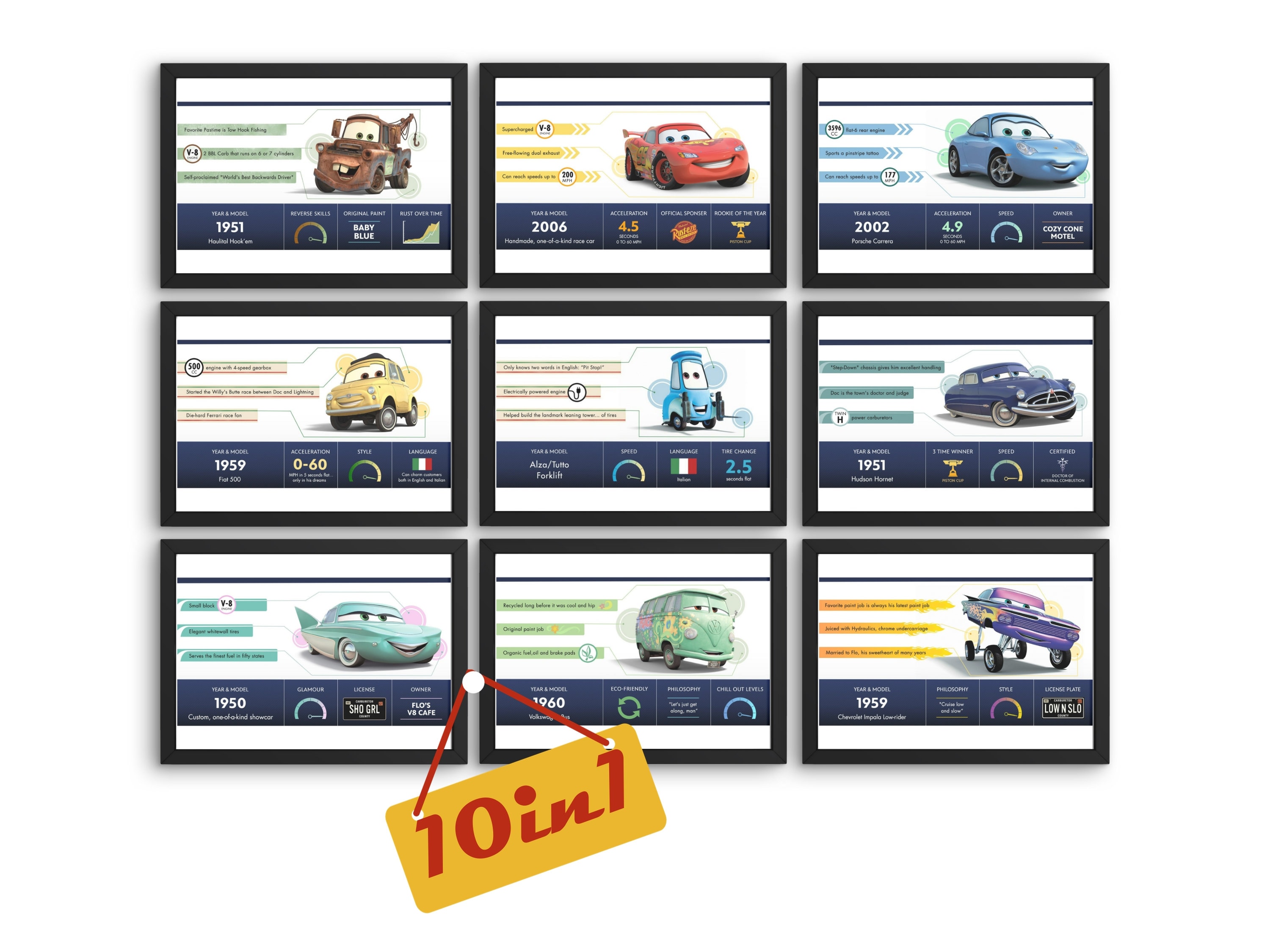 Cars Disney Set of 10 Wall Art Posters, Cars Digital Printable Art ...
