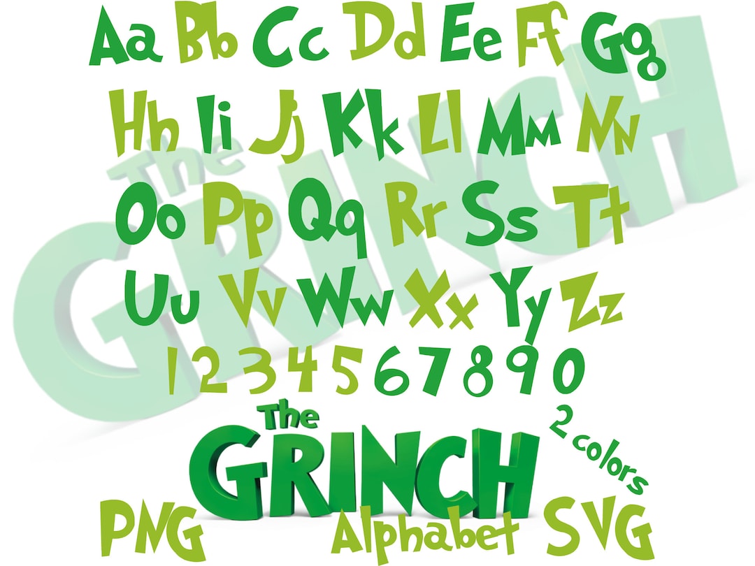 Grinch Alphabet Font SVG, Grinch PNG Cartoon Cliparts for Sublimation ...