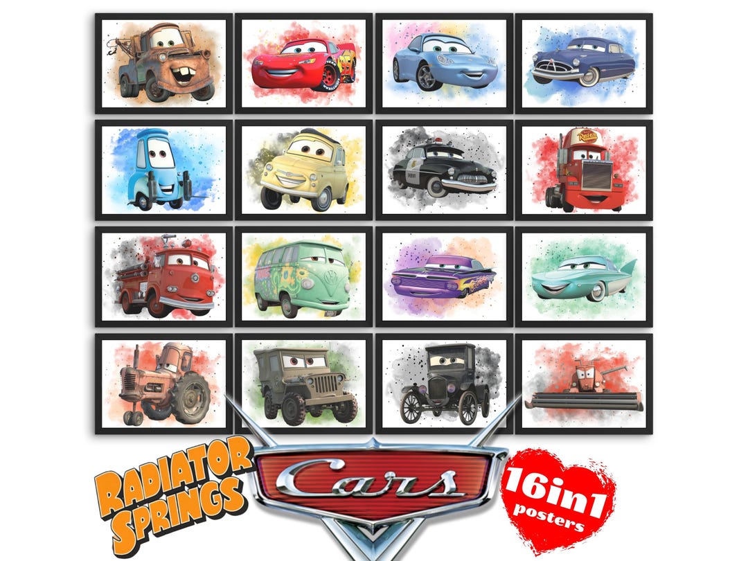 Cars Disney Radiator Springs Set of 16 Wall Art Posters, Cars Digital ...