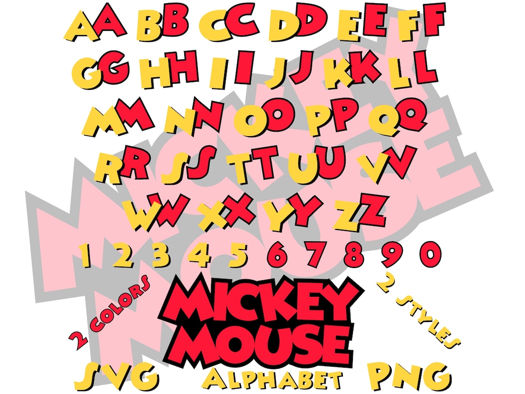 Mickey Mouse Alphabet Font SVG, Mickey Mouse PNG Cartoon Cliparts for ...