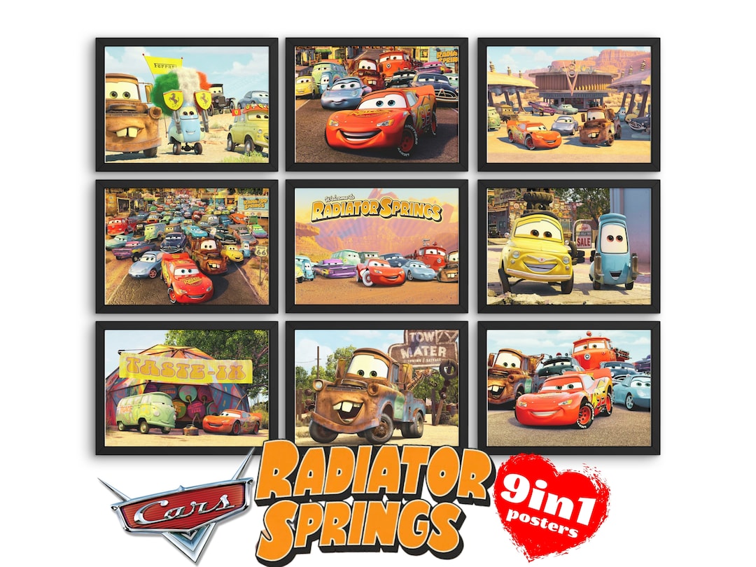 Radiator Springs Cars Disney Set of 9 Wall Art Posters, Cars Digital ...