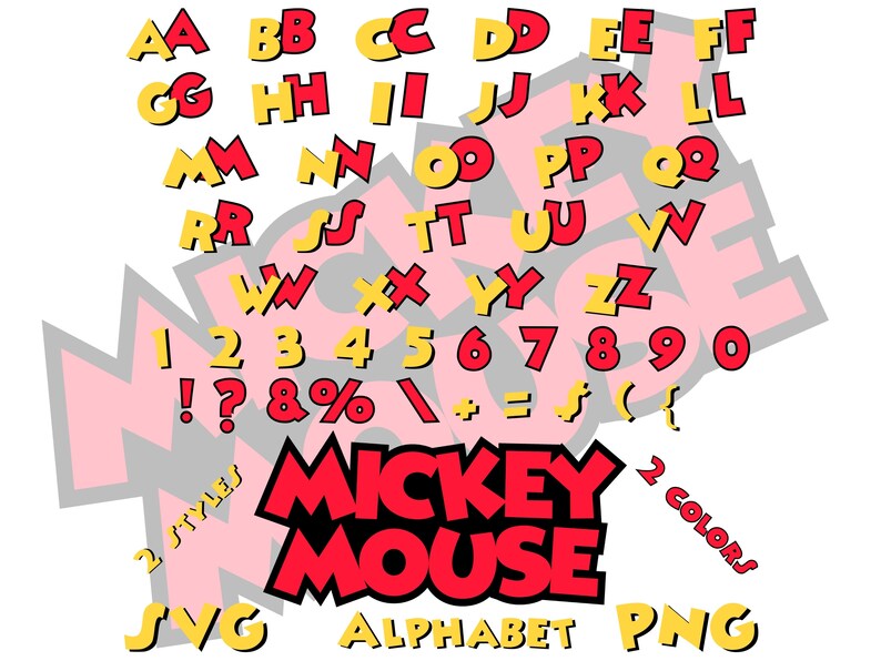 Mickey Mouse Alphabet Font SVG, Mickey Mouse PNG Cartoon Cliparts for ...