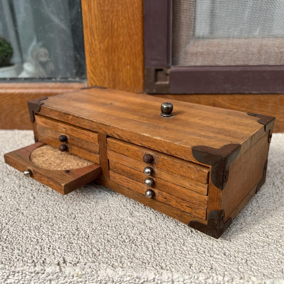 Antique Vintage Wooden Coaster Holder With Drawers | Retro Cork Drink ...