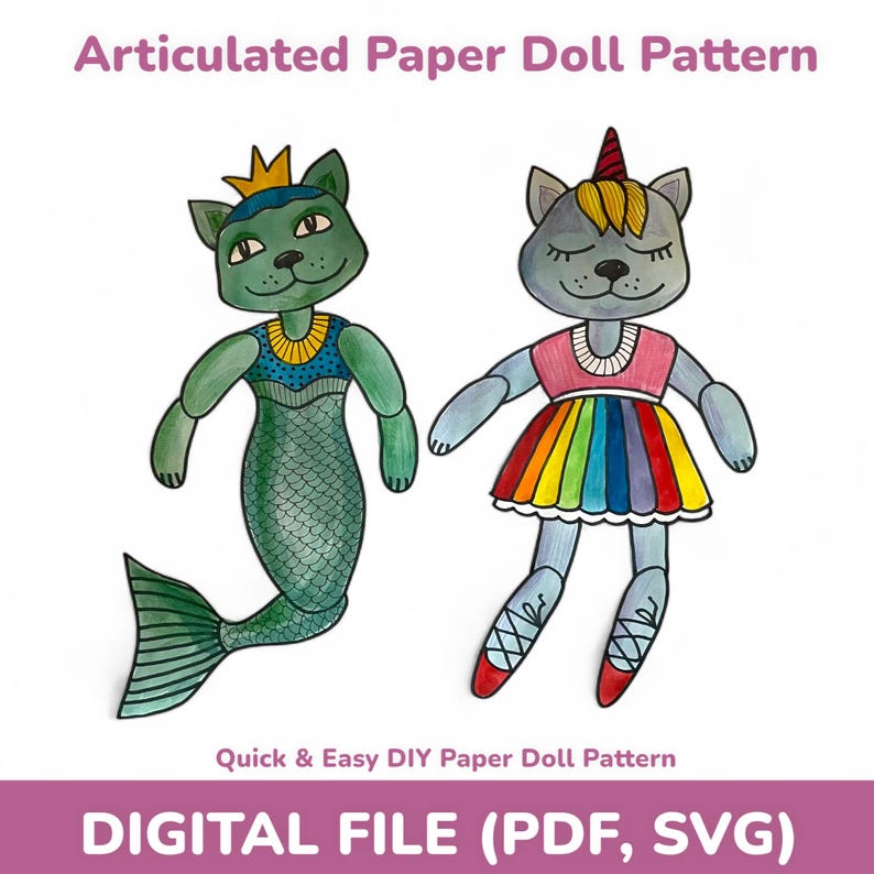 Paper Doll Articulated Digital Printable DIY Kit, Unicorn, Cat Jointed ...