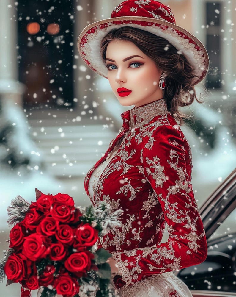 1800s Victorian Woman Ball Gown | Digital Art Printable | Red Brocade ...