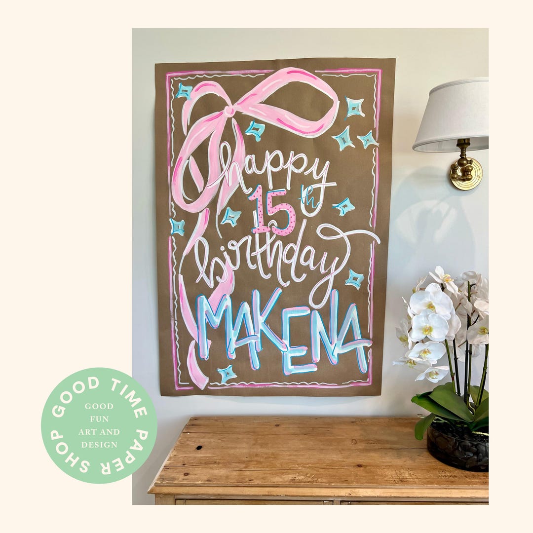 Painted Party Banner Pink Bow, Custom Hand Painted Birthday Banner ...