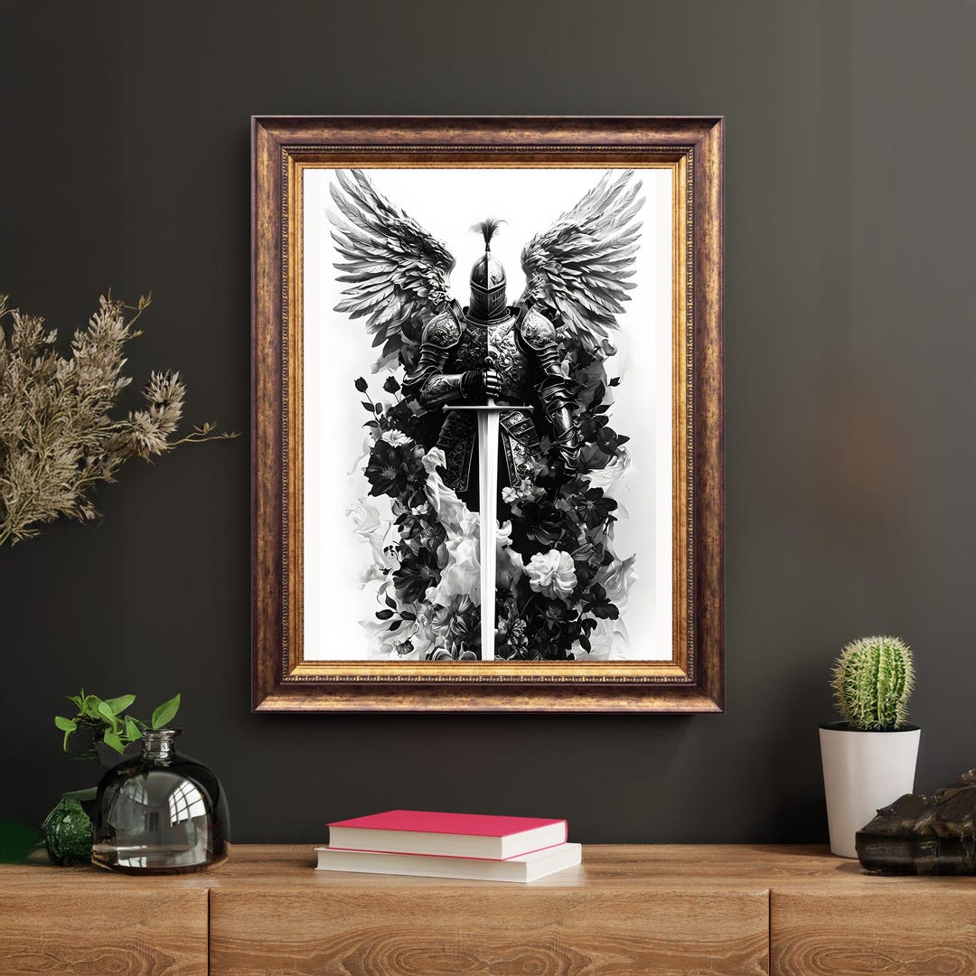 Angel Warrior Poster | Digital Download | Black and White Knight With ...