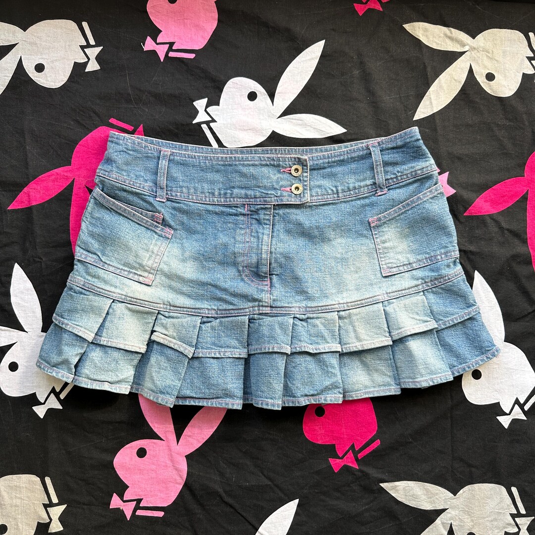 Vintage Micro Mini Pleated Denim Contrast Stitching Skirt - Etsy
