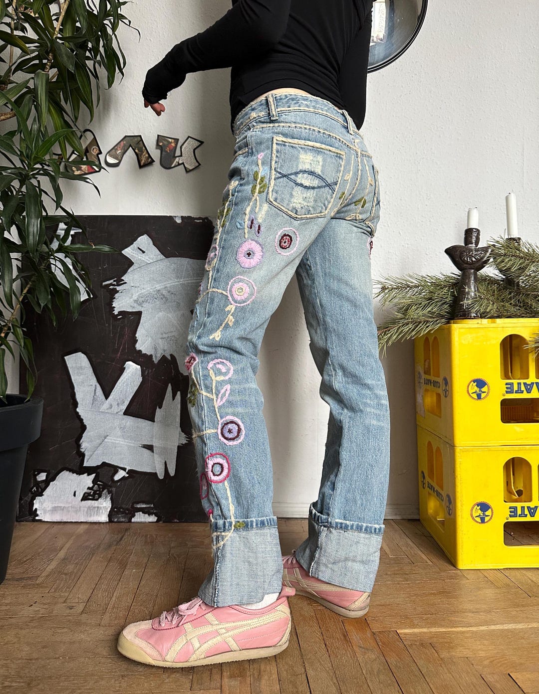 Embroidery Bohemian Hippe Retro Floral Cottage Loose Fit Jeans - Etsy