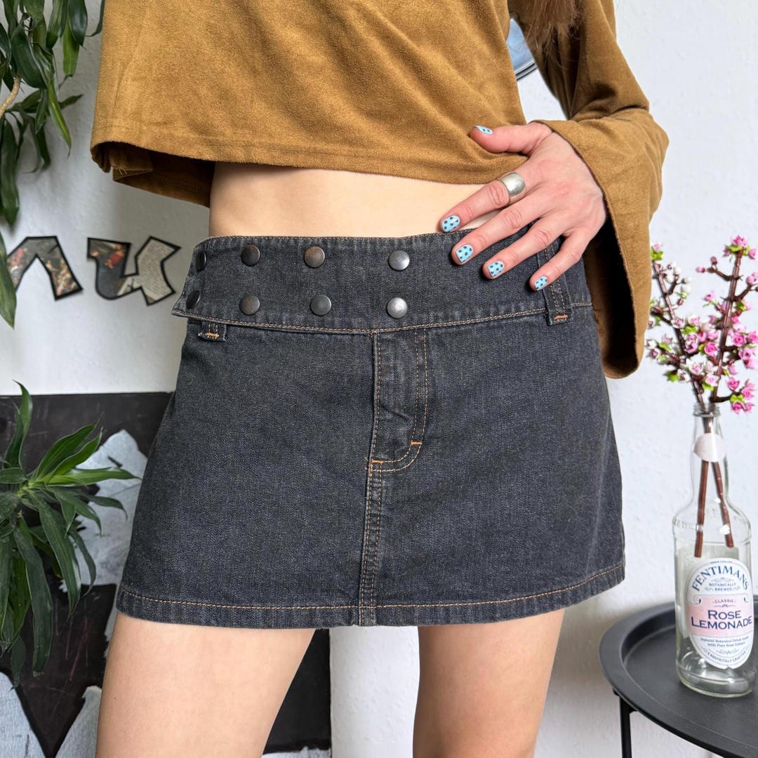 Baddie Vintage Denim Belted Micro Skirt Y2K - Etsy