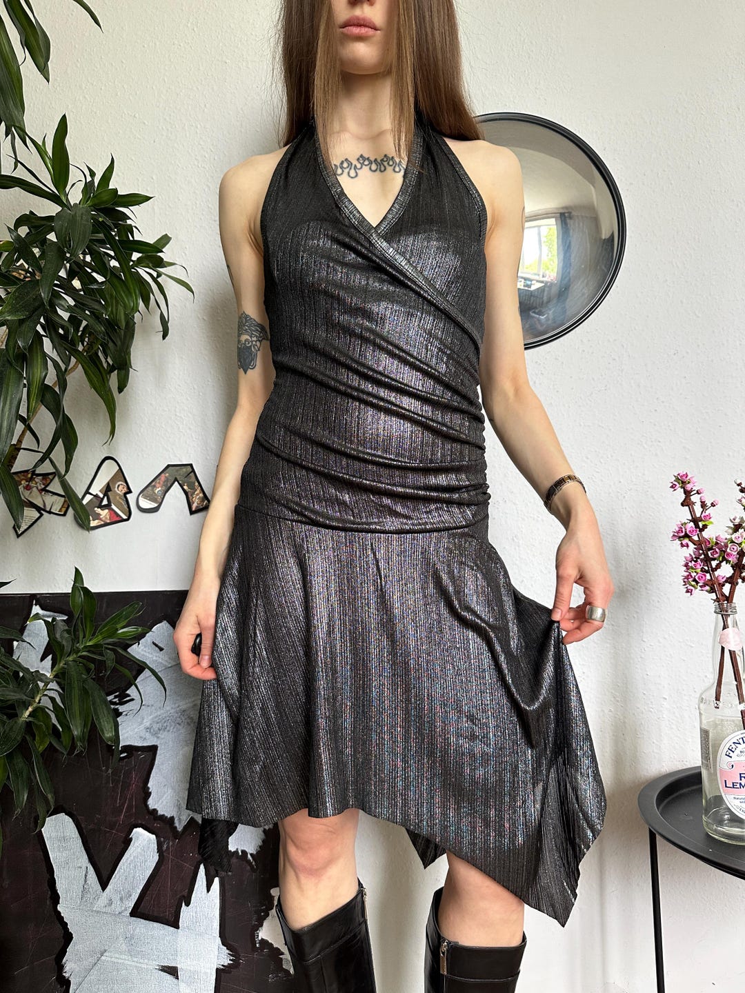 Deadstock Vintage Draped Metallise Halter Party Glam Baddie Mini Dress ...