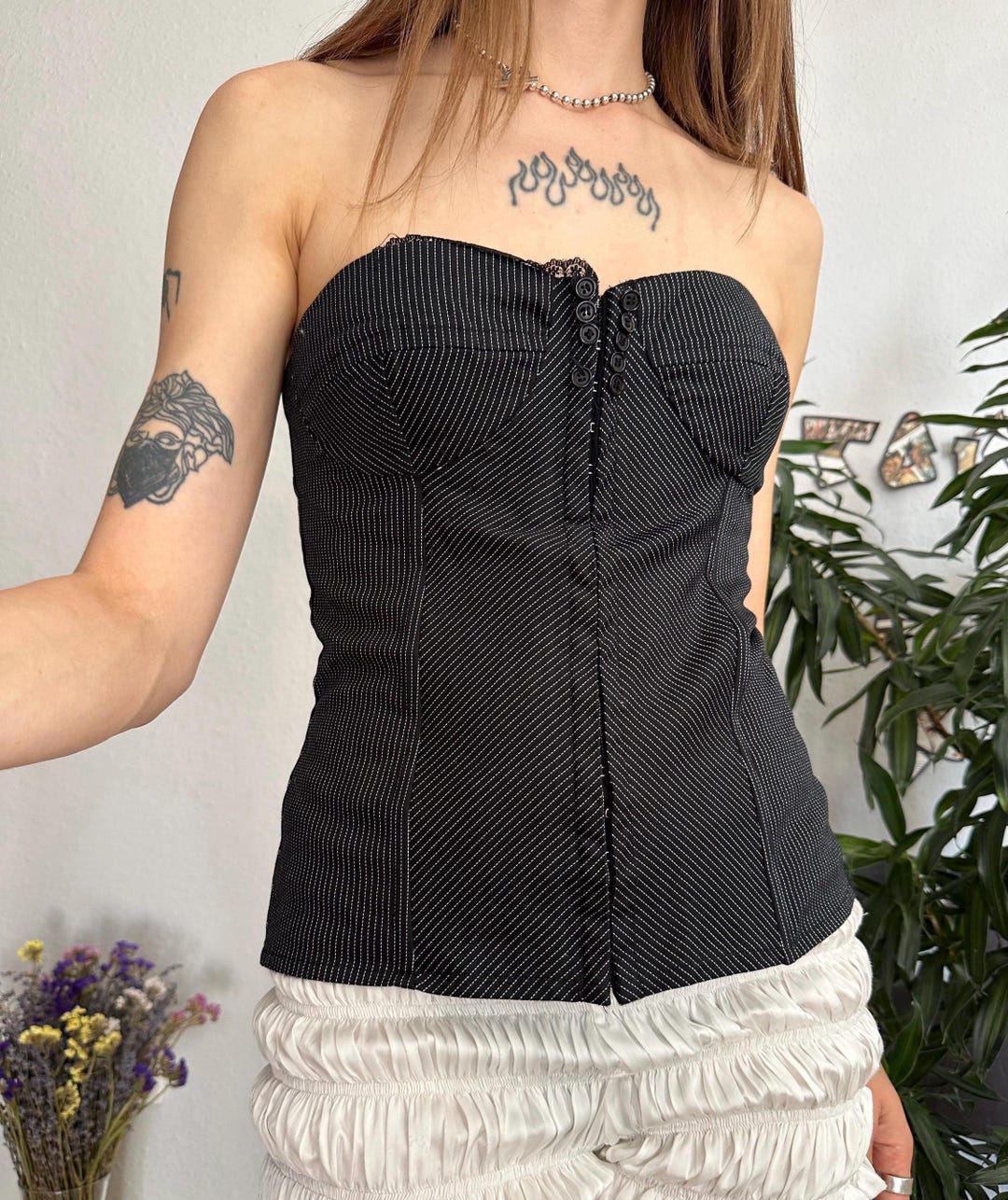 Sexy Stripe Bustier Corset Y2k Office Siren Button Up - Etsy