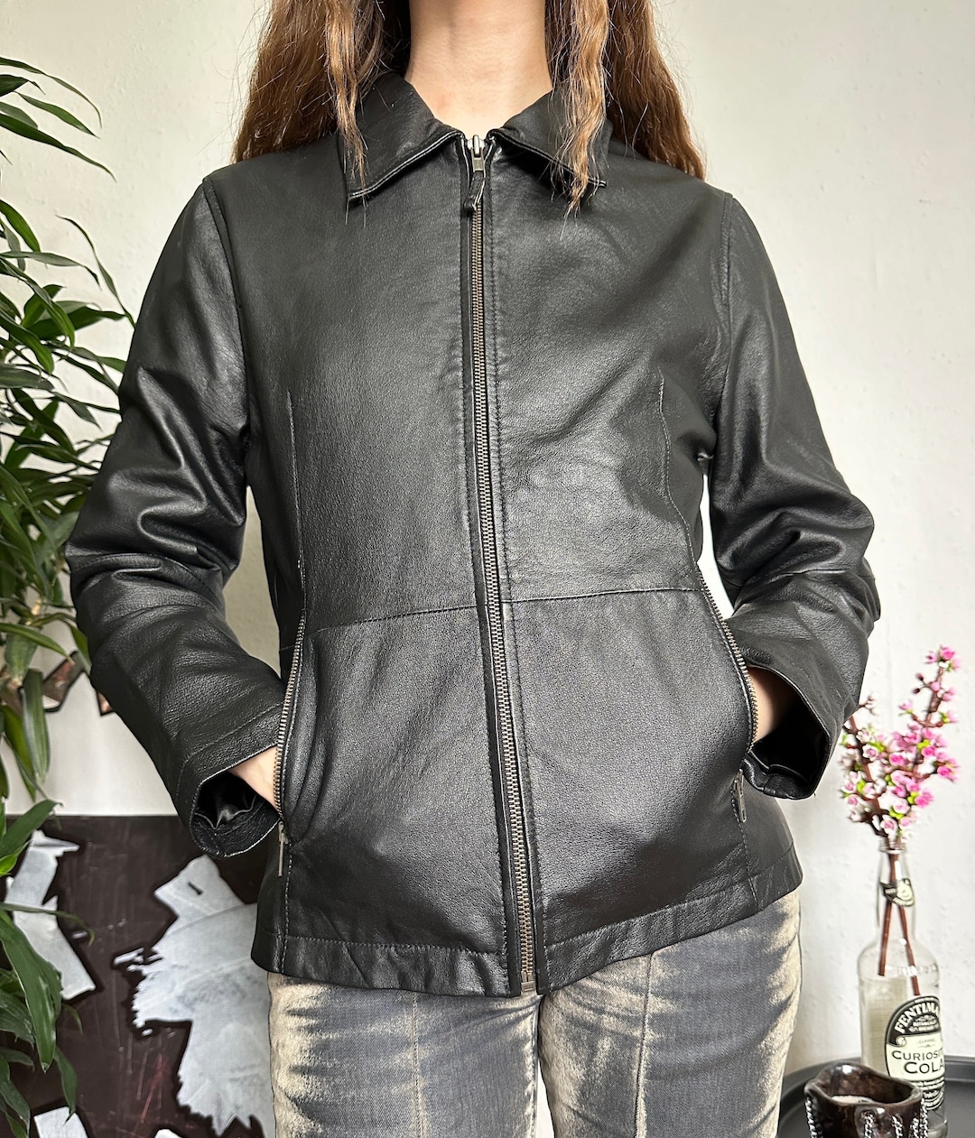 Vintage Skinny Leather Jacket Biker 90s Sade Style - Etsy