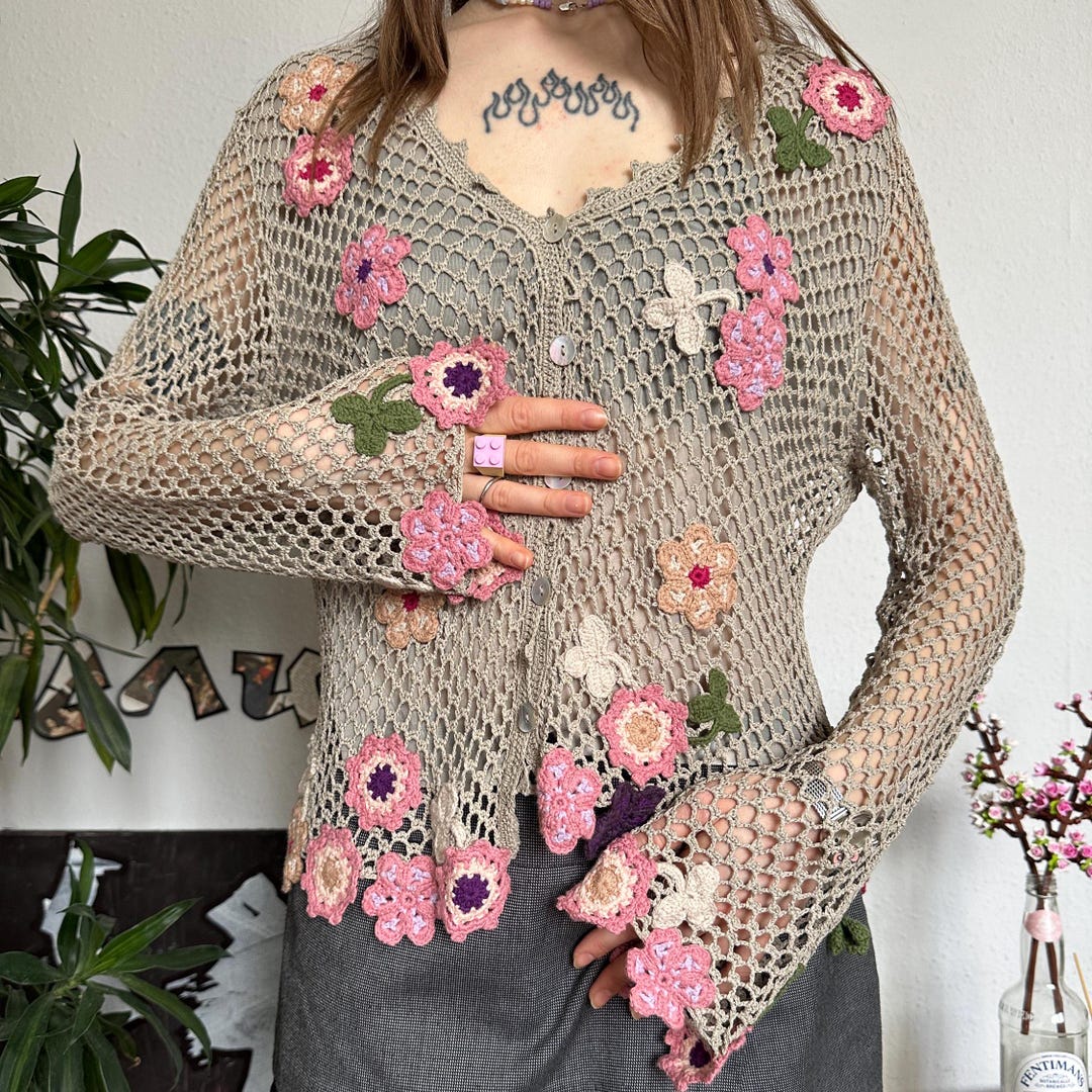 Vintage Floral Knit Crochet Net Cardigan Flower Hippie Pattern - Etsy