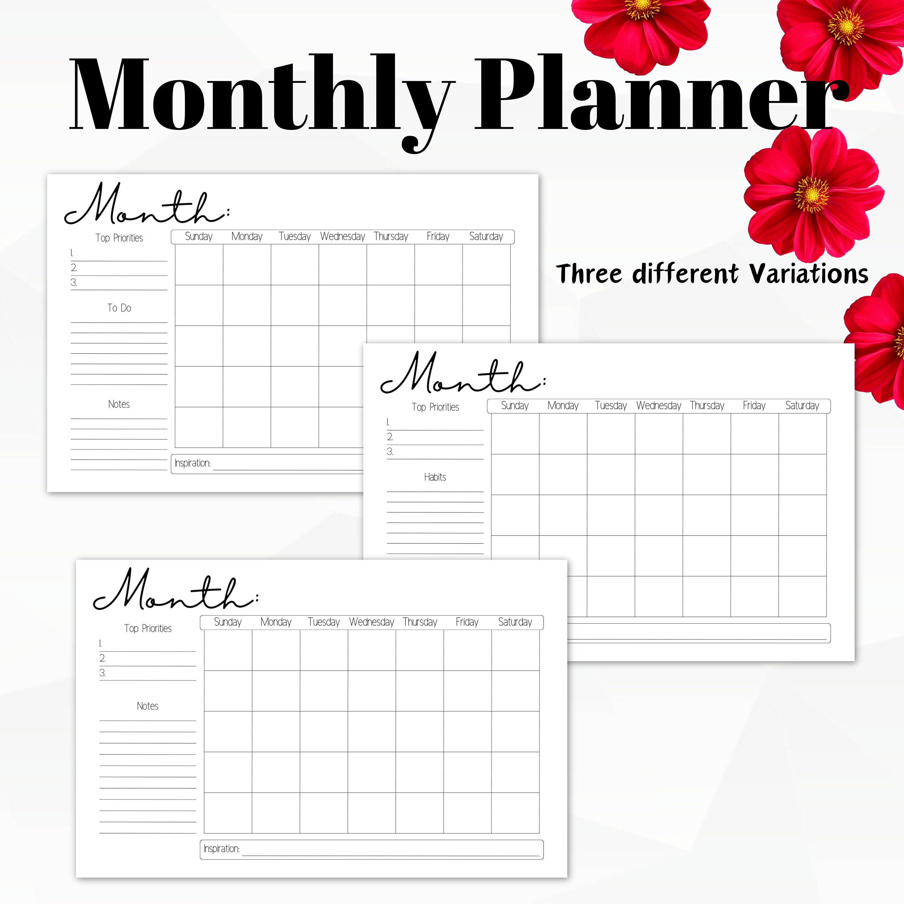 Printable Minimalist Black & White Monthly Planner: Monthly Schedule ...