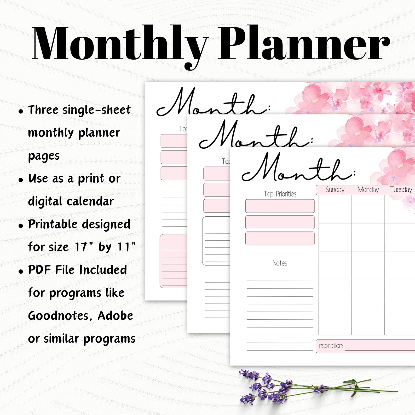 Printable Floral Monthly Calendar: Monthly Schedule - Your Month at a ...