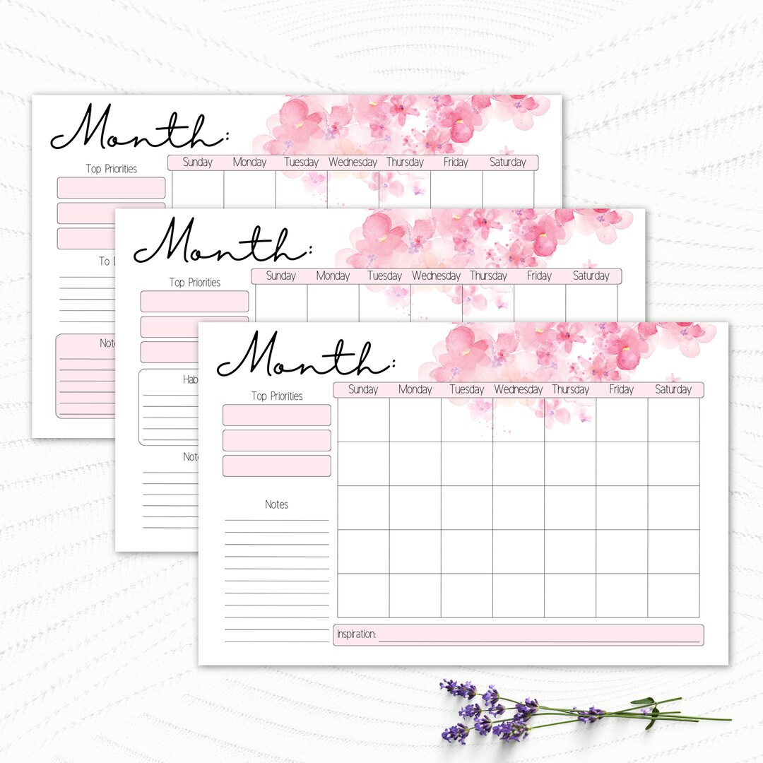 Printable Floral Monthly Calendar: Monthly Schedule - Your Month at a ...