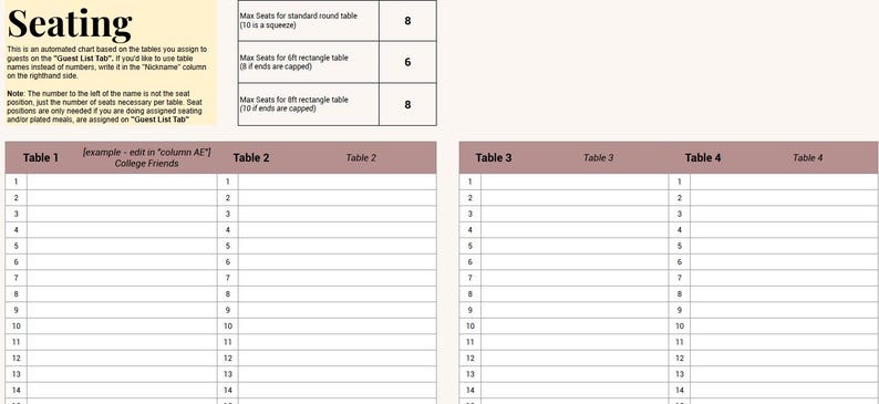Wedding Guest Tracker & Seating Chart Tool - Instant Download - Etsy