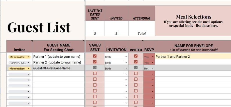 Wedding Guest Tracker & Seating Chart Tool - Instant Download - Etsy