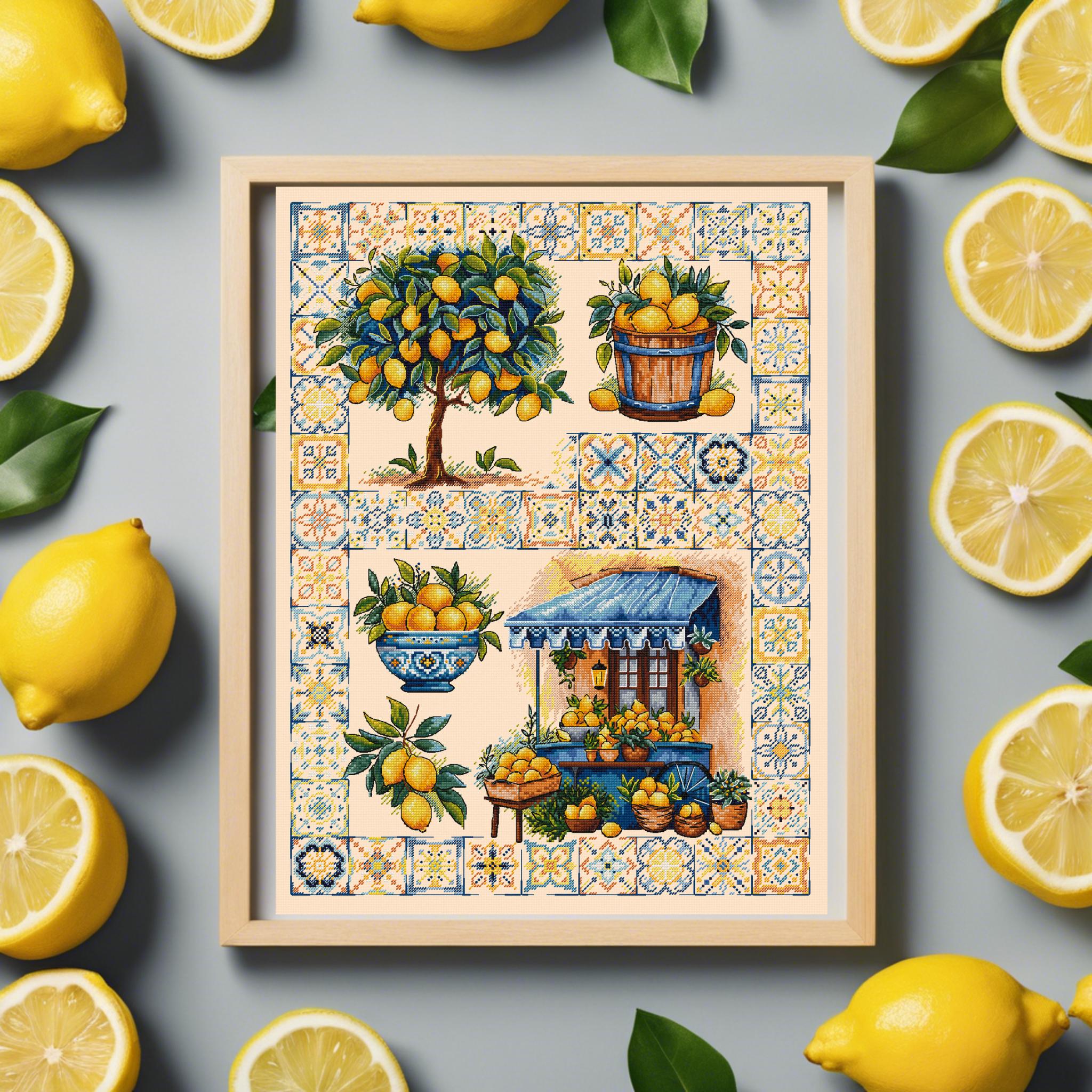 Mediterranean Lemon Cross Stitch Pattern PDF, Citrus Kitchen Embroidery ...