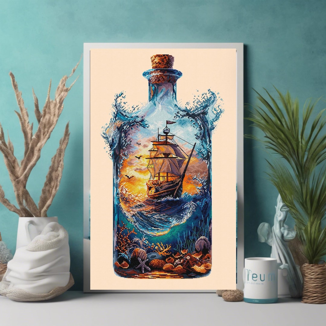 Nautical Sail Ship in a Bottle Cross Stitch Pattern - Colorful Wind ...
