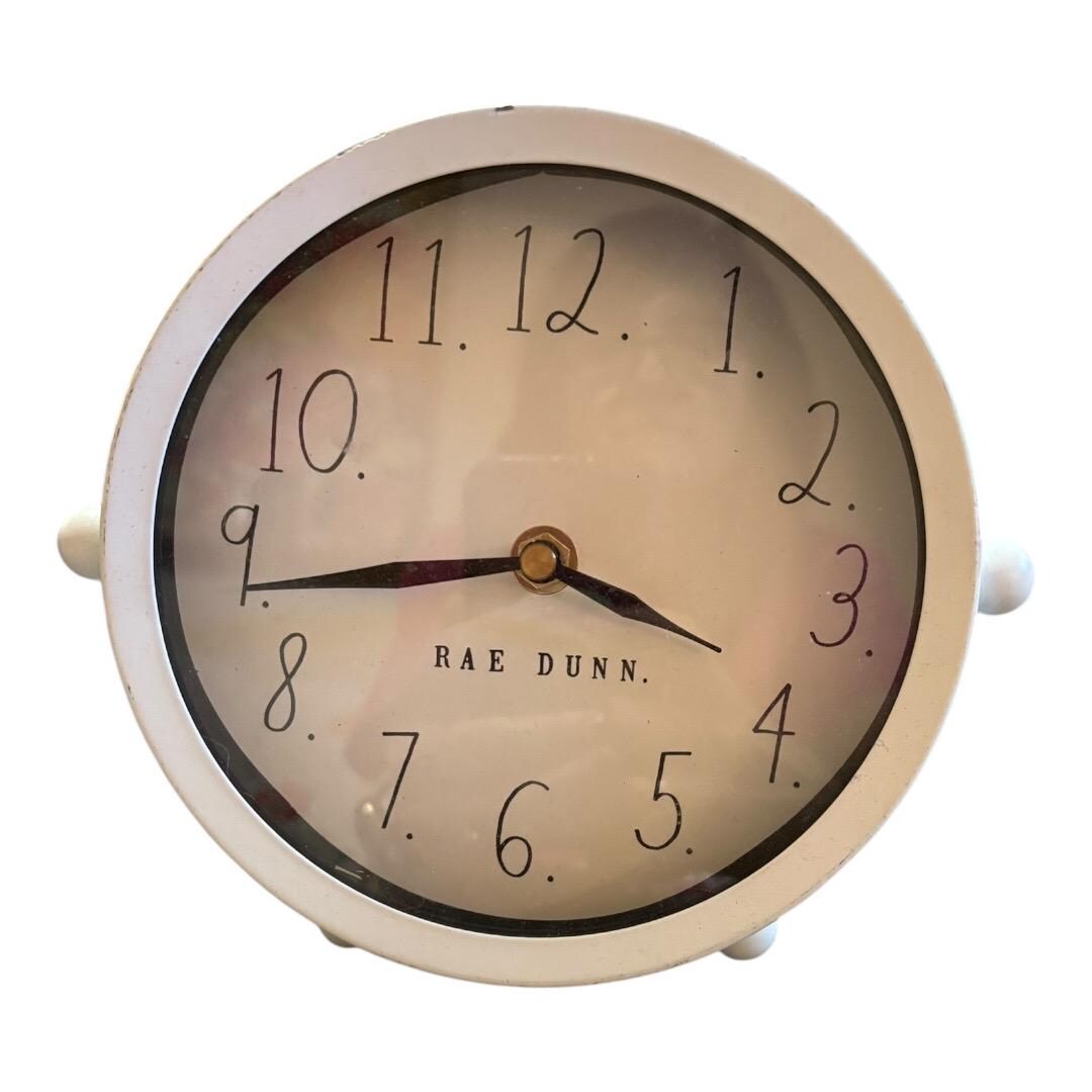 Rae Dunn Clock 8 In. Metal White Round Office Desk Footed Stand Battery ...